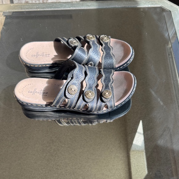 Clarks | Shoes | Clarks Black Slide Sandals With Button Details | Poshmark